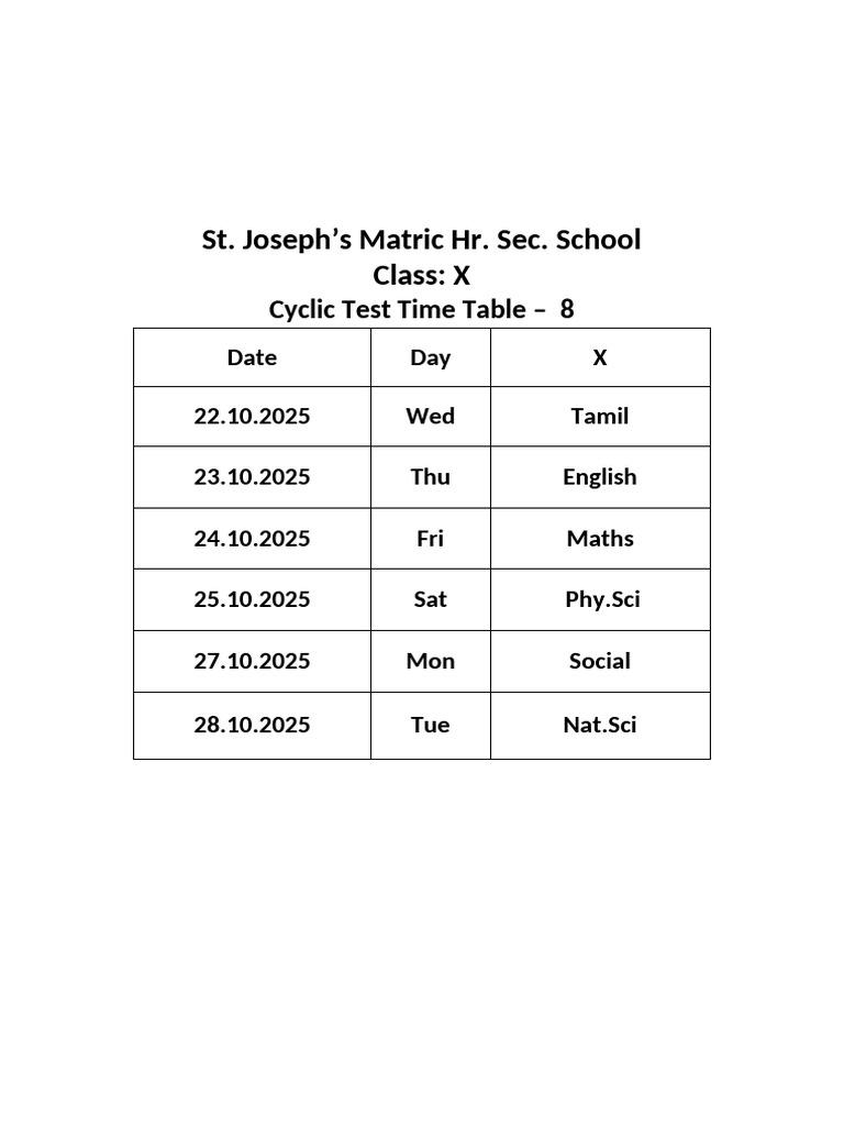 Cyclic Test Time Table - 8 | PDF