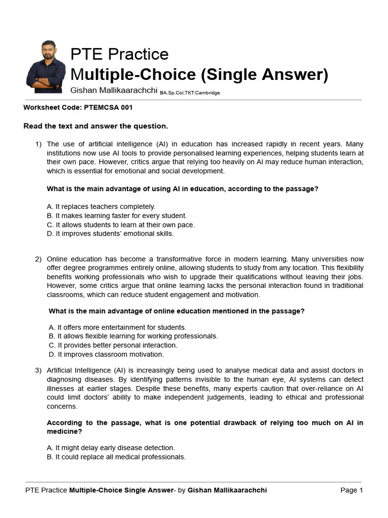 PTE - PTEMCSA 001 - Multiple-Choice - Single Answer | PDF | Water ...
