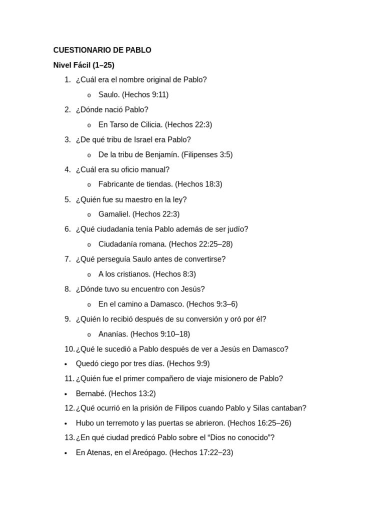 Cuestionario sobre la vida de Pablo | PDF | Pablo el apóstol | Epístola ...