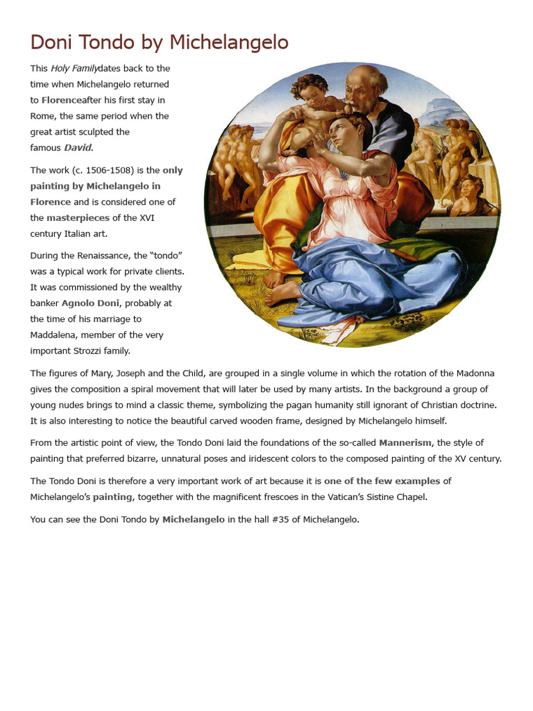 Holy Family or Doni Tondo by Michelangelo Buonarroti at Uffizi Gallery ...
