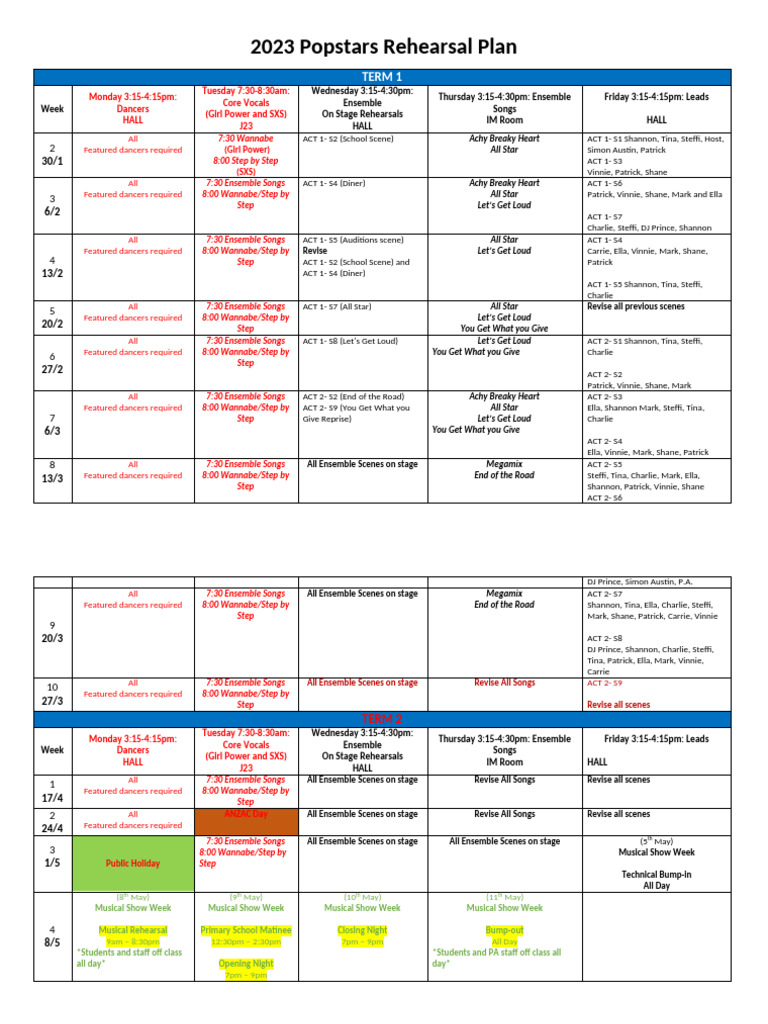 2023 Popstars Rehearsal Schedule | PDF