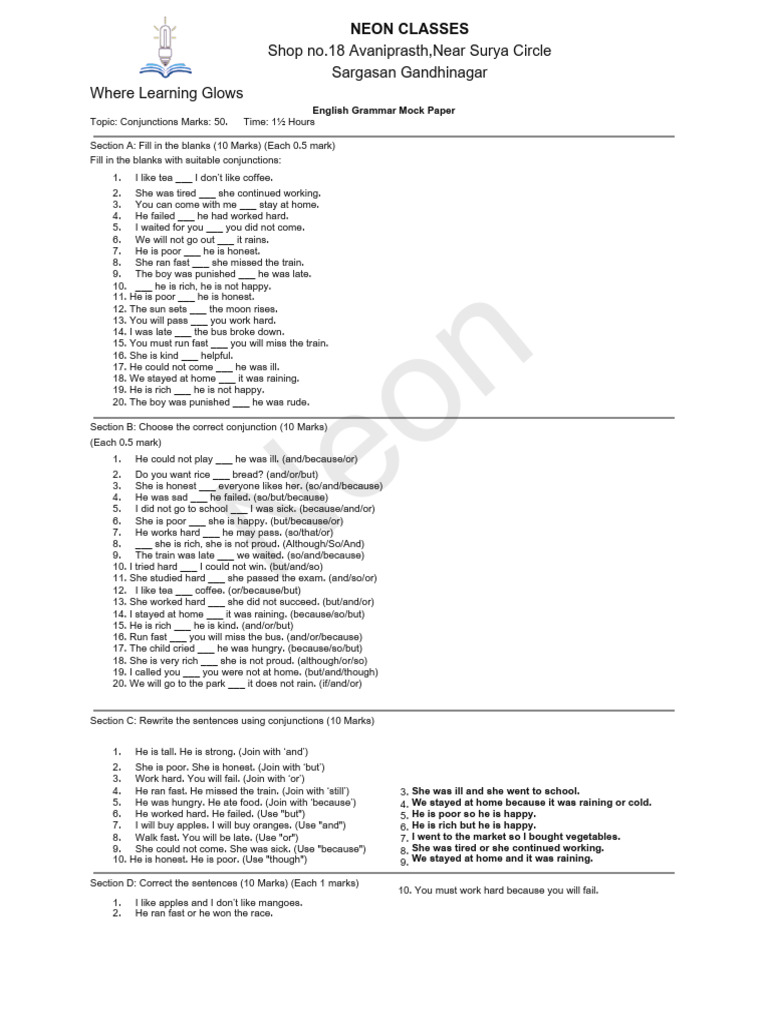 English Grammar Conjunction Exercises | PDF
