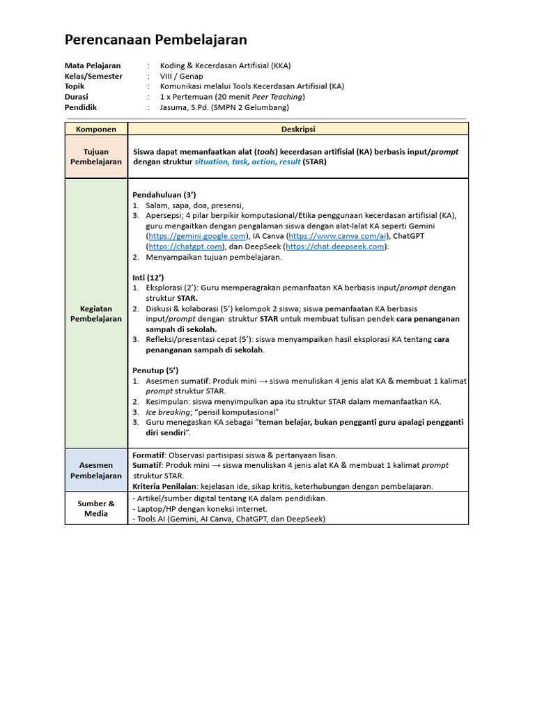 Perencanaan Pembelajaran ON3 Jasuma | PDF