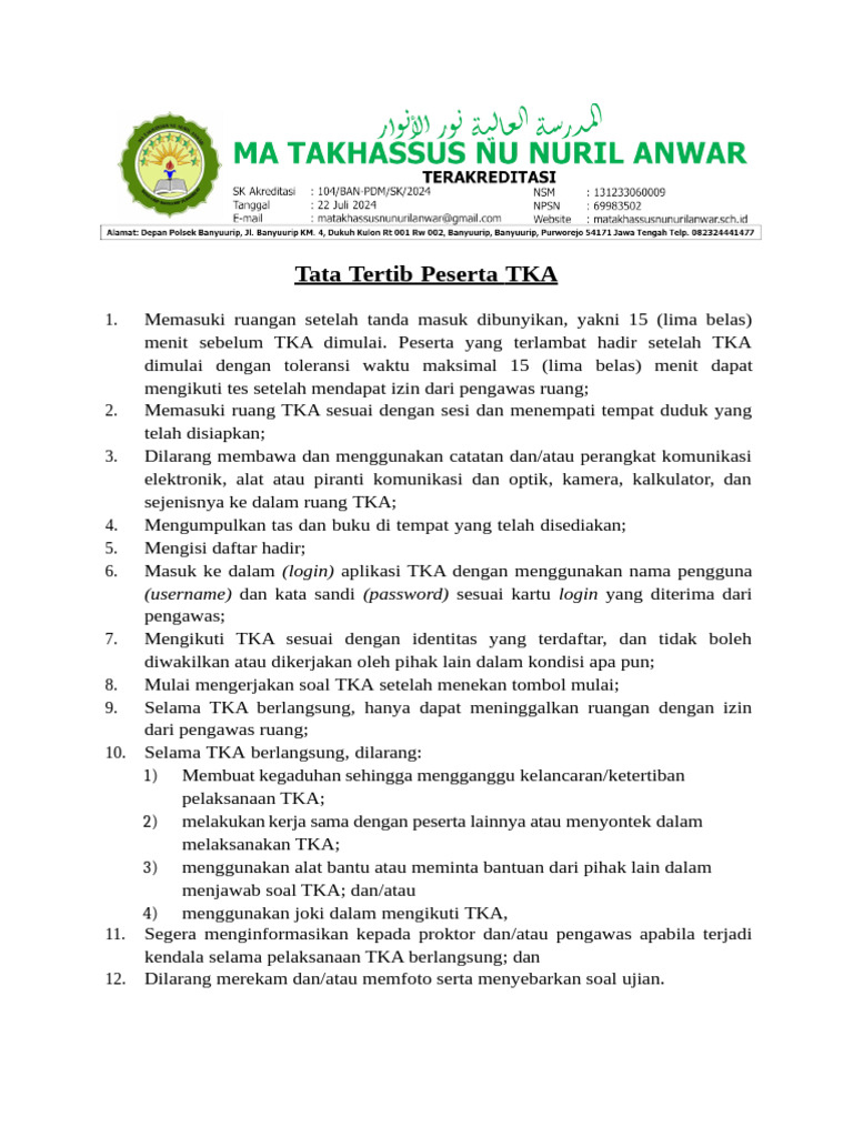 Tata Tertib Peserta TKA | PDF