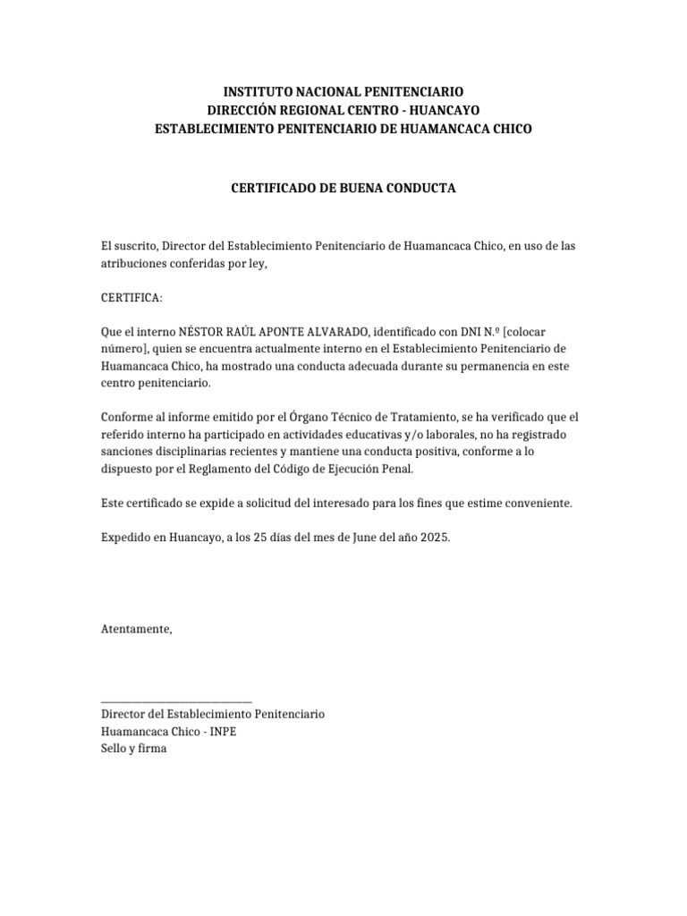Certificado Buena Conducta Nestor Aponte | PDF
