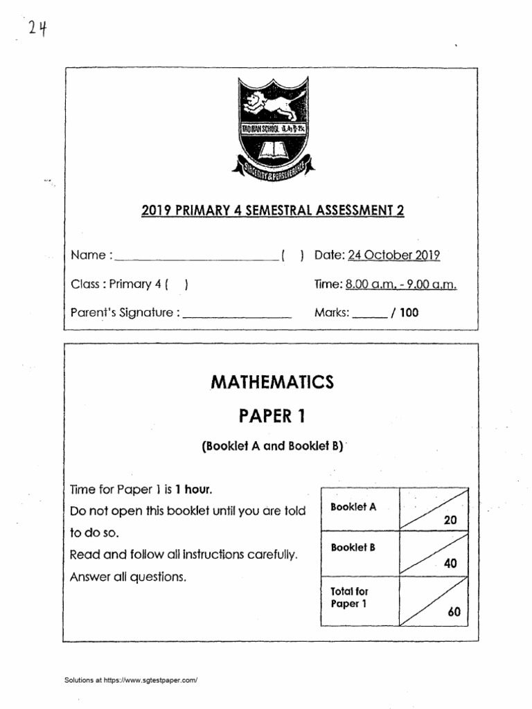 P4 Maths SA2 2019 Tao Nan Exam Papers | PDF