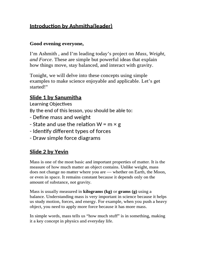 Script of Physics Project | PDF | Force | Weight