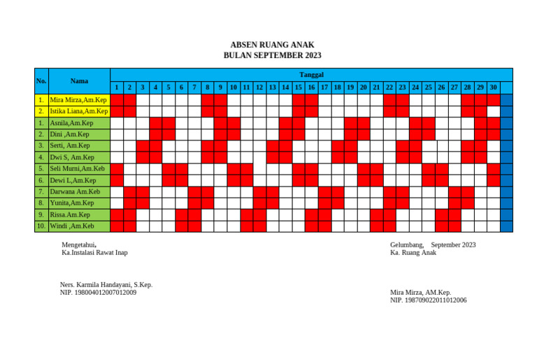 Absen PIKET Ruang Anak Bulan September | PDF