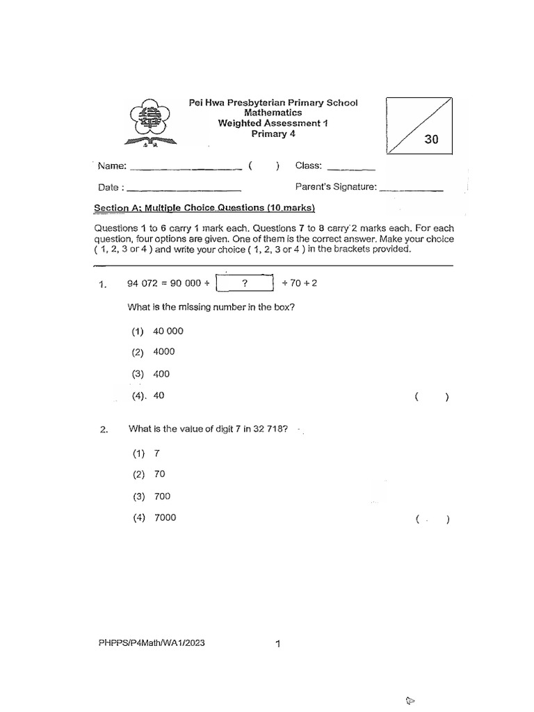 P4 Maths WA1 2023 PeiHwa Exam Papers | PDF