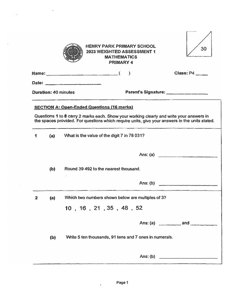 P4 Maths WA1 2023 HenryPark Exam Papers | PDF