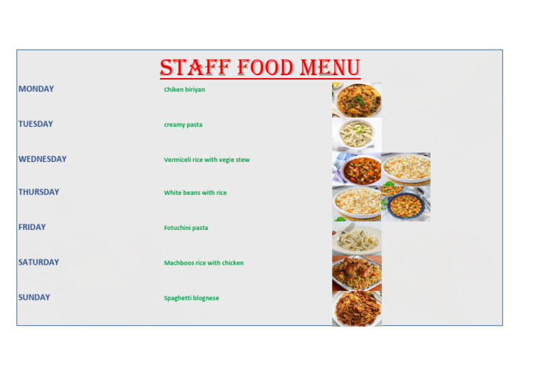 Weekly Staff Food Menu | PDF