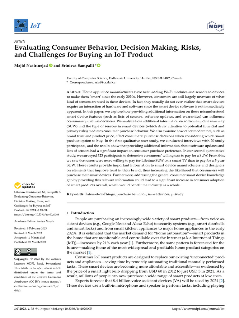 Evaluating Consumer Behavior, Decision Making, Risks, and Challenges For Buying An IoT Product ...
