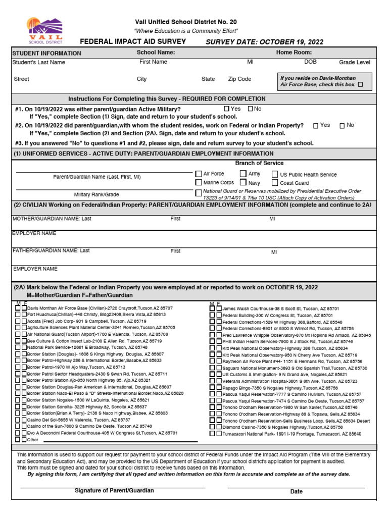 Federal Impact Aid Survey Form 2022 | PDF | Agencies Of The United ...