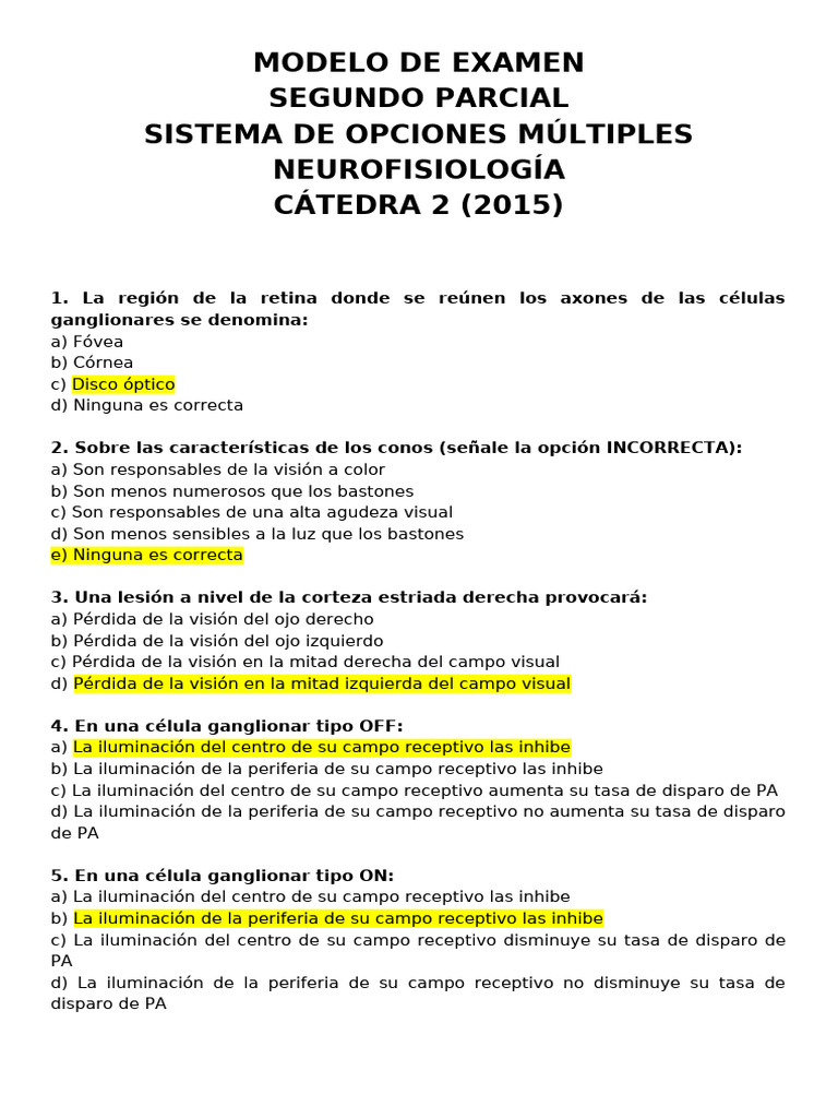 Modelo de Segundo Parcial Multiple Choice Nro 2 Neurofisiologia Catedra ...