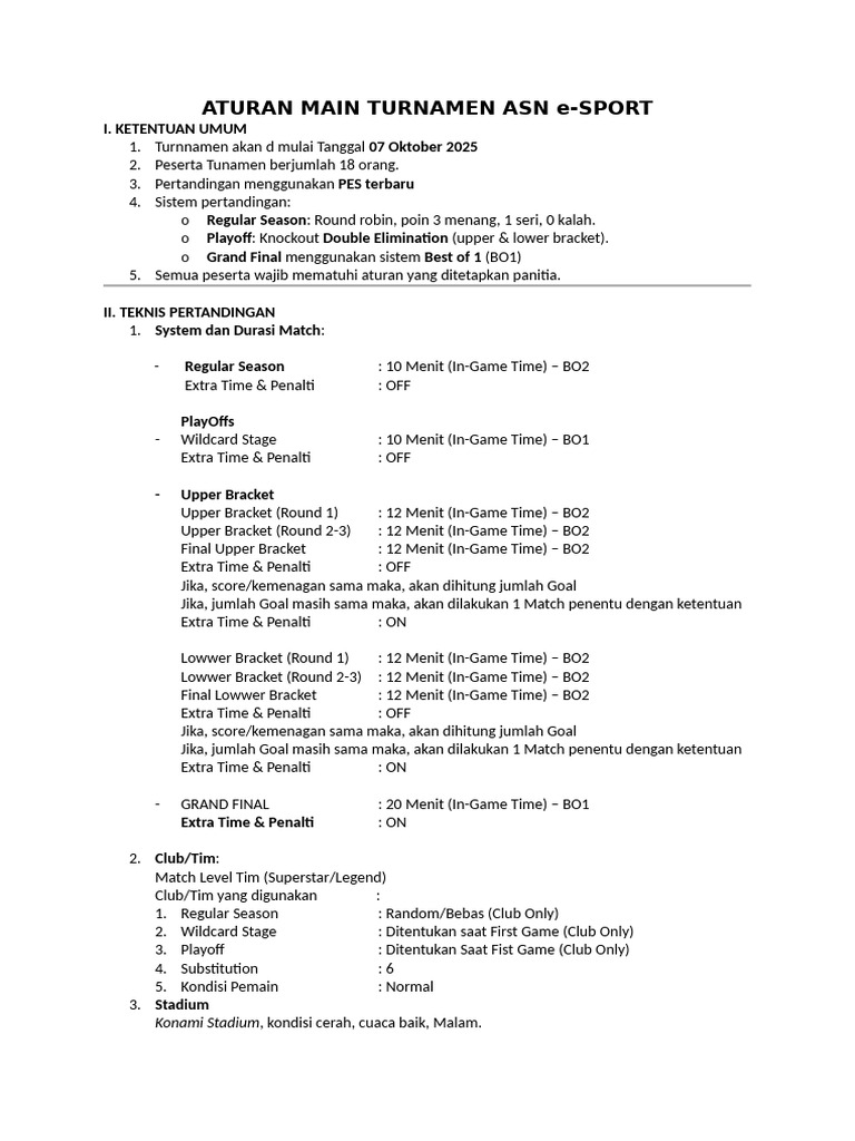 Aturan Turnamen ASN e-Sport 2025 | PDF