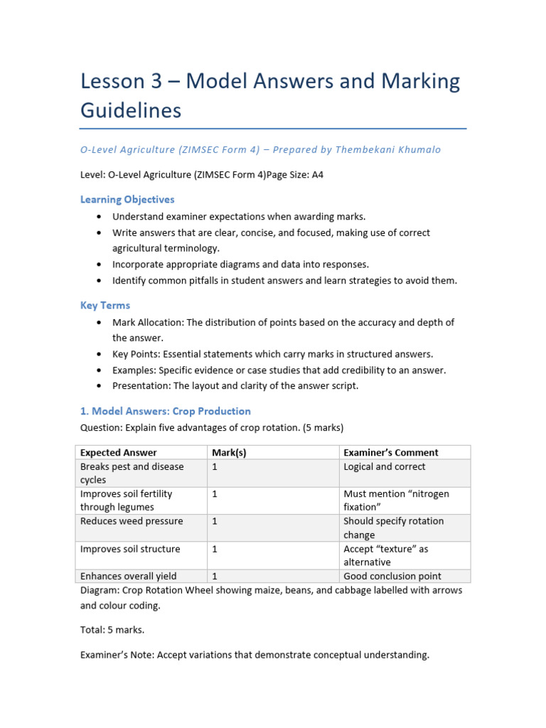 Lesson 3 - Model Answers and Marking Guidelines | PDF | Crop Rotation ...