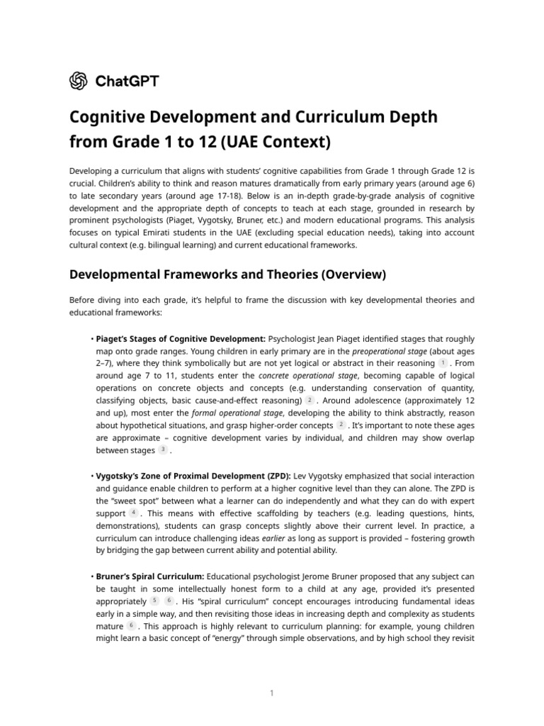Cognitive Development and Curriculum Depth From Grade 1 To 12 | PDF ...