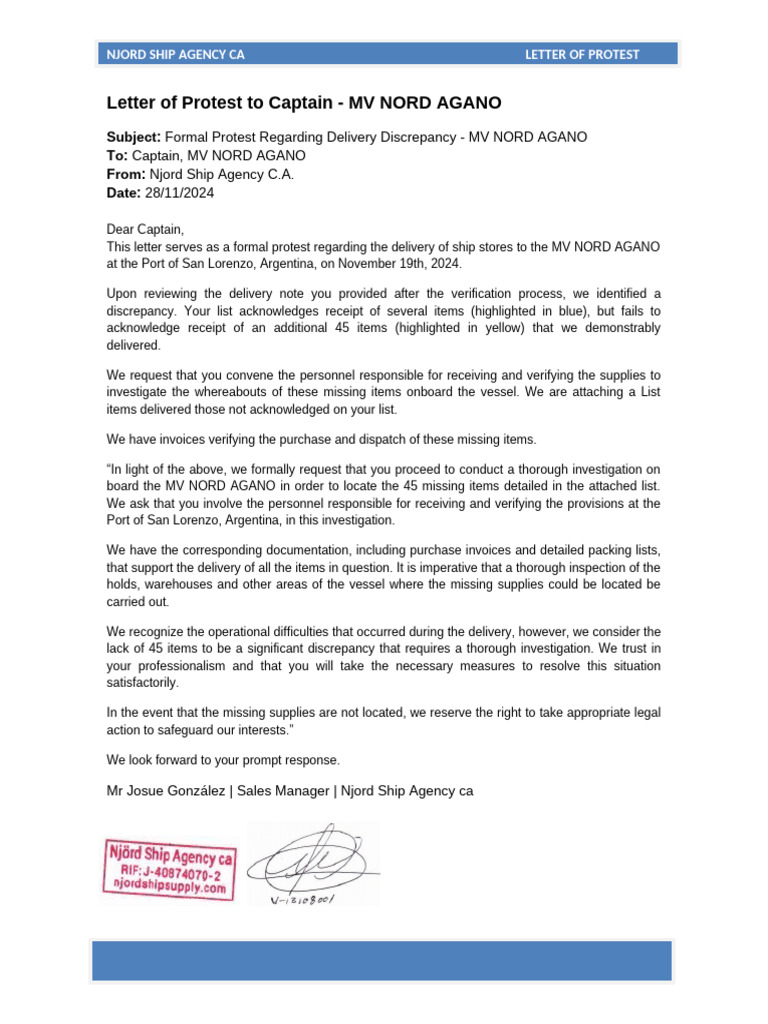 Protest Letter for MV NORD AGANO Discrepancy | PDF