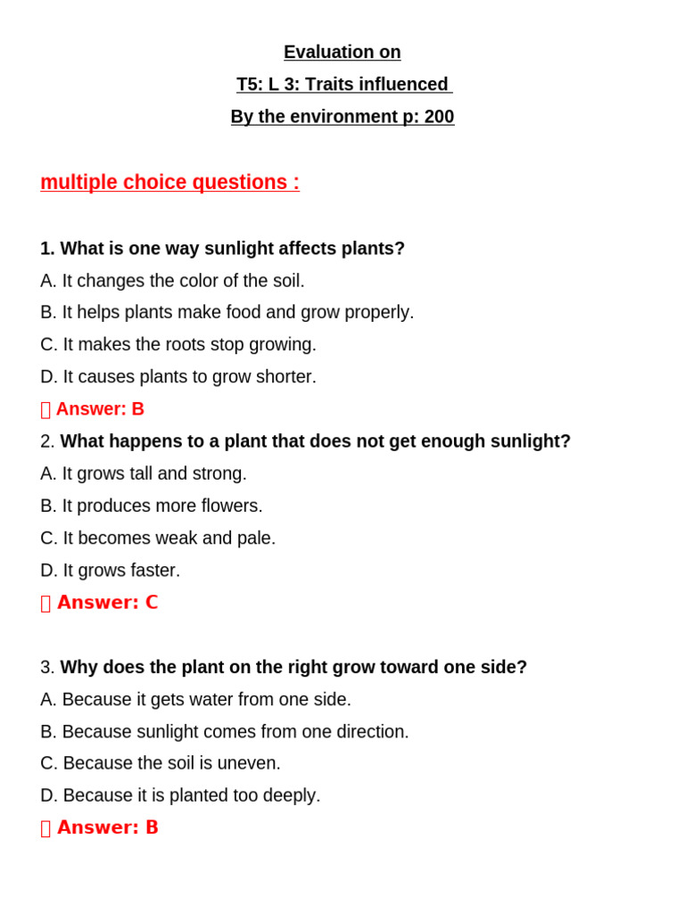 Multiple Choice Questions:: Evaluation On T5: L 3: Traits Influenced by ...