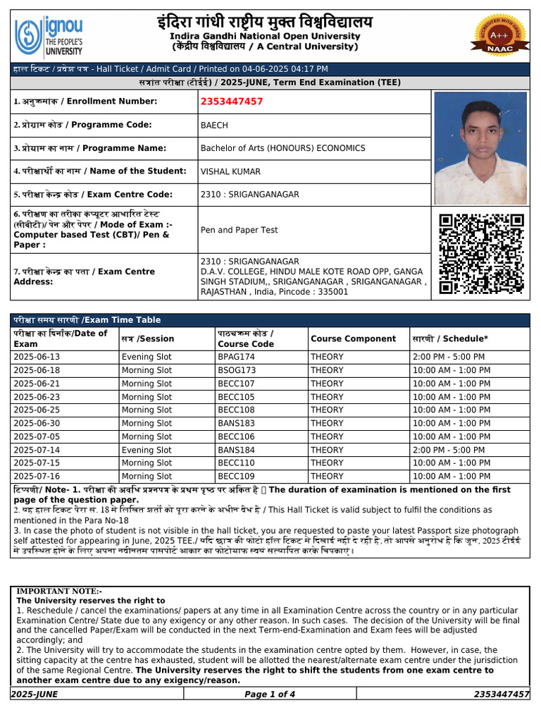 Vishal Ignou Admit Card | PDF