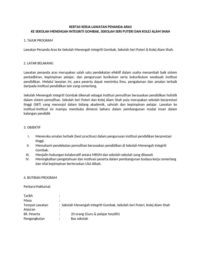 Kertas Kerja Lawatan Penanda Aras | PDF
