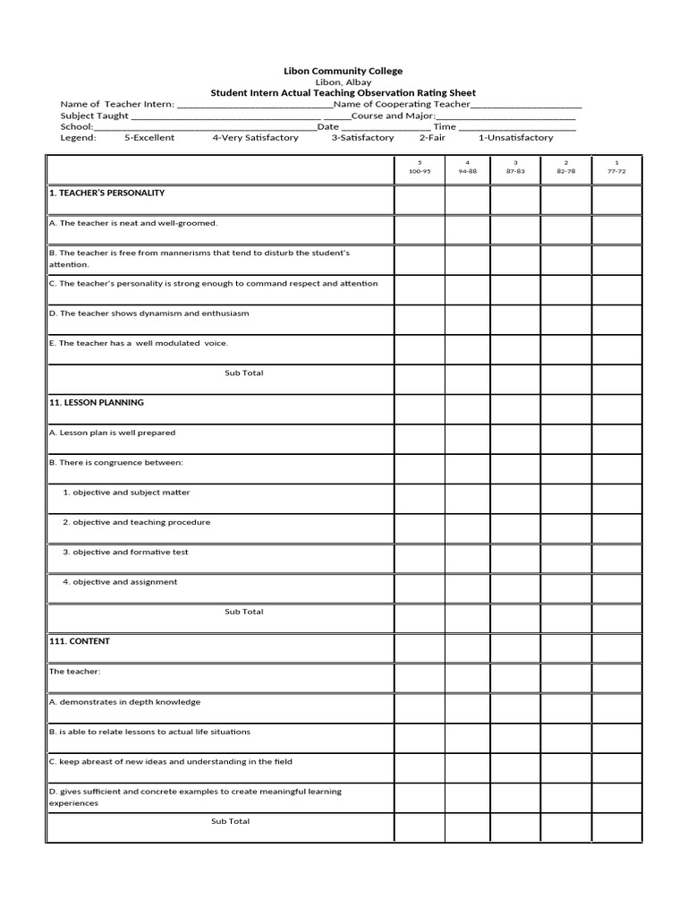 Teacher Intern Observation Rating Sheet | PDF | Teachers | Learning