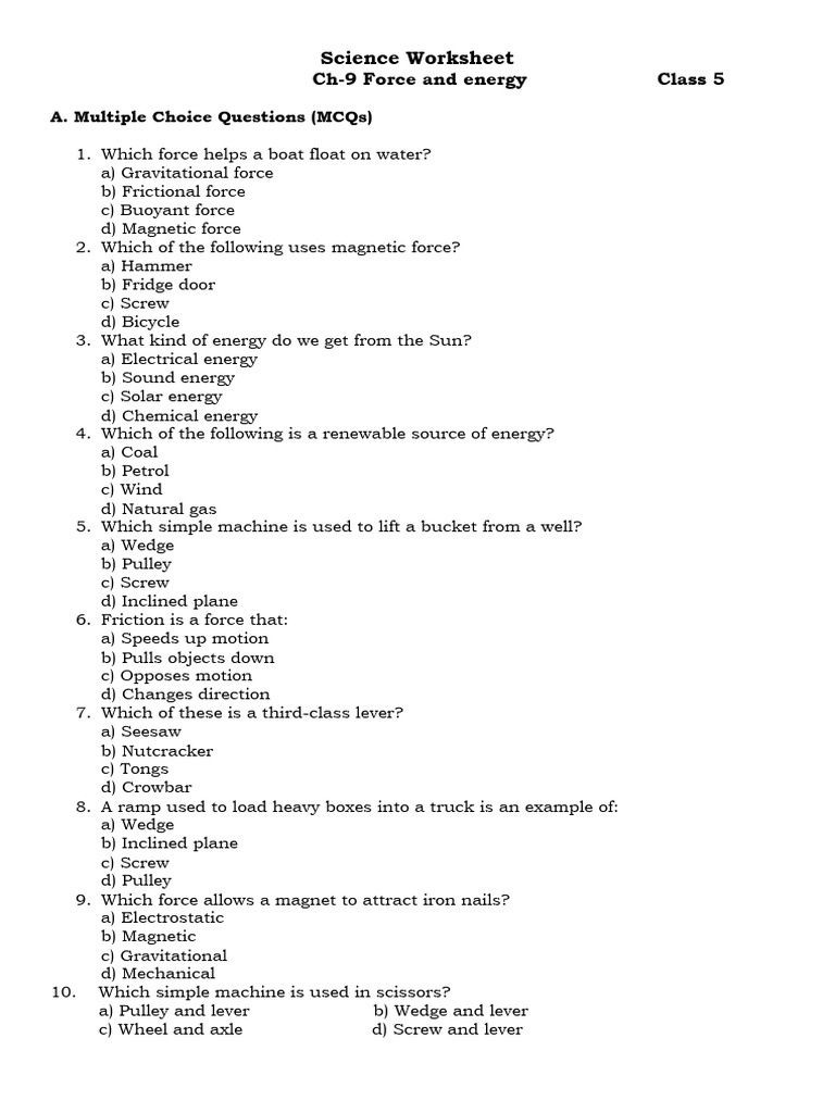 Class 5 Science Worksheet Ch-9 | PDF | Force | Machines