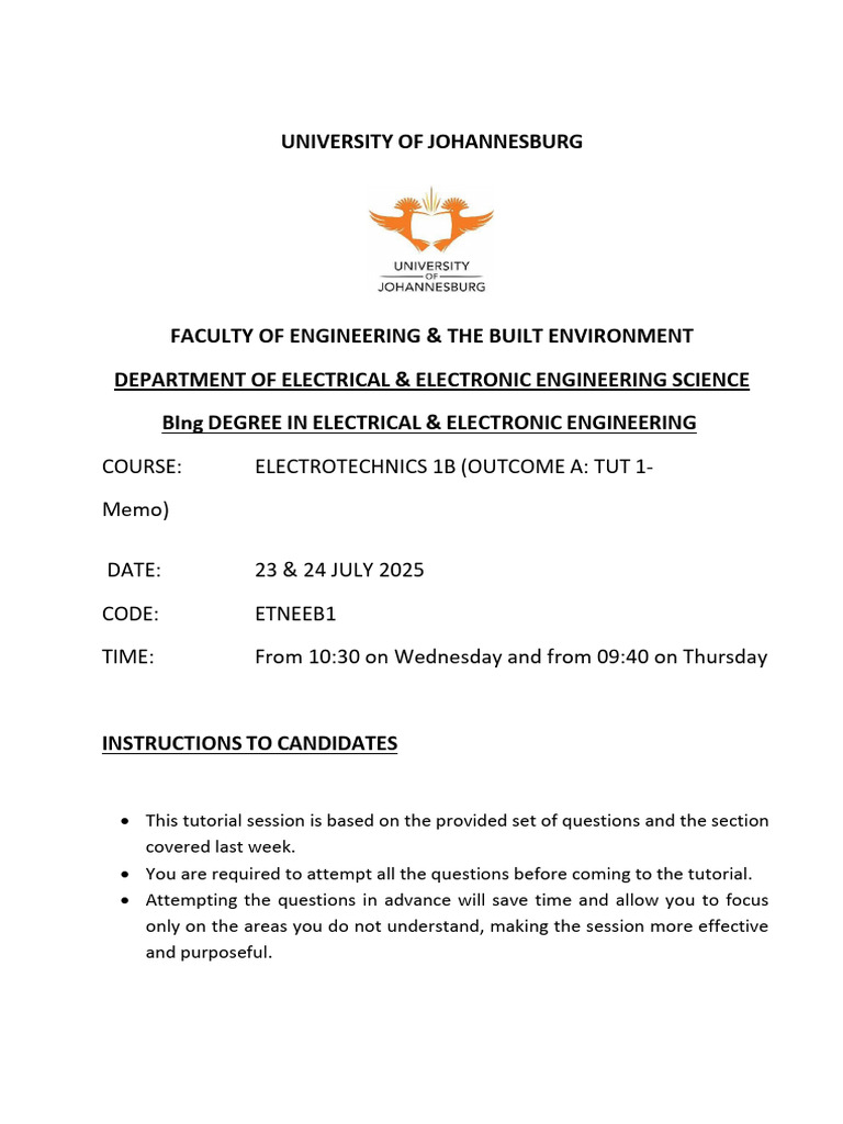 ETN 1B Outcome A Tutorial 1 Memo | PDF | Resistor | Electric Current