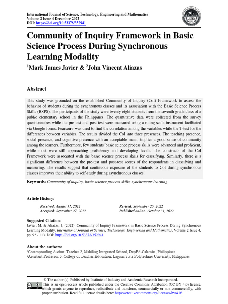 Community of Inquiry Framework in Basic Science Process During ...