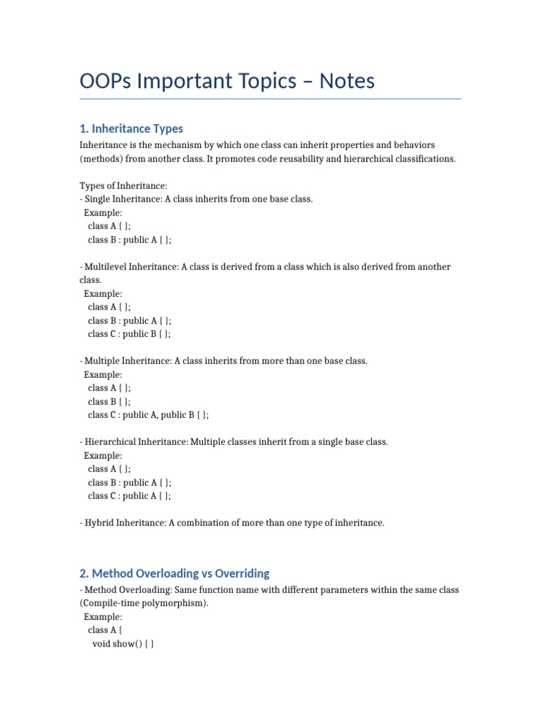 OOPs Important Topics Notes | PDF | Inheritance (Object Oriented ...