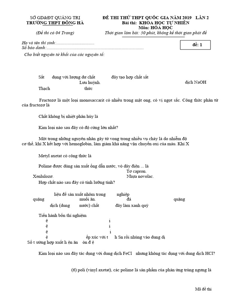 In de Thi Thu Mon Hoa Truong THPT Dong Ha - Quang Tri Lan 2 - 2019 -[Bloghoahoc.com] | PDF