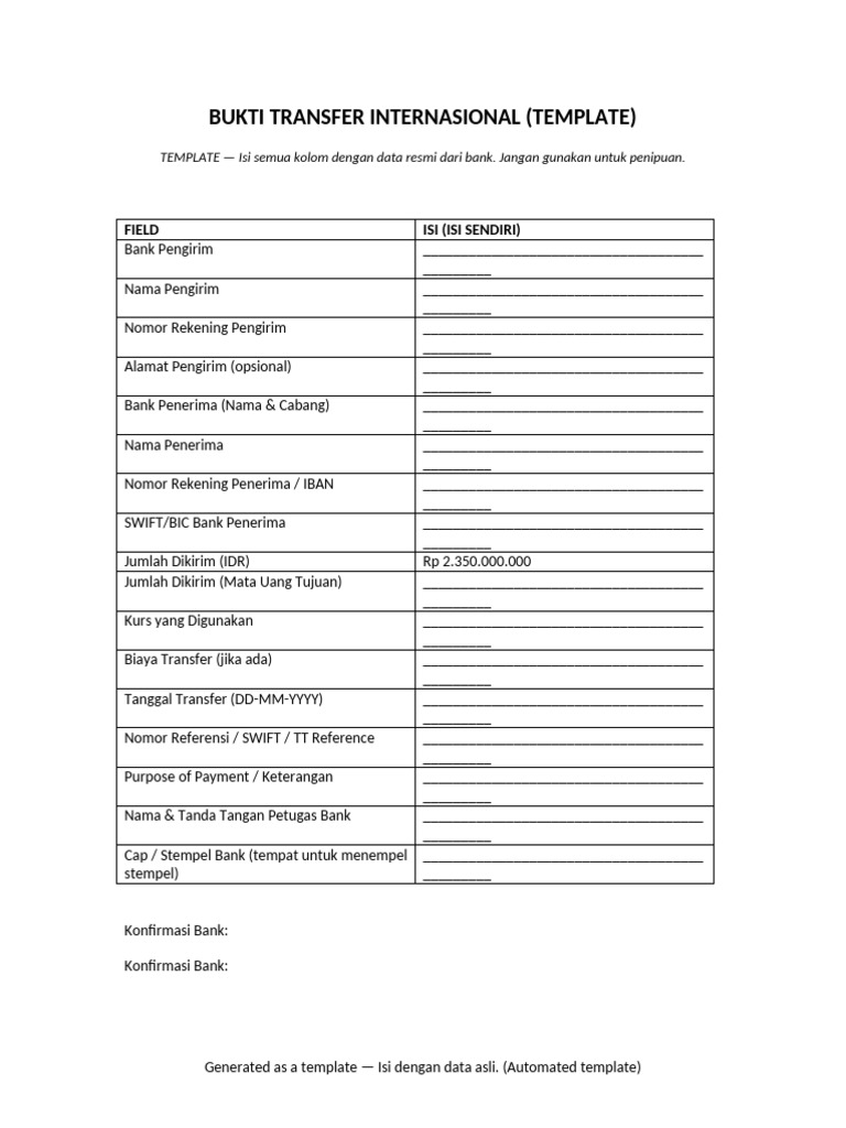 Template Bukti Transfer Internasional | PDF