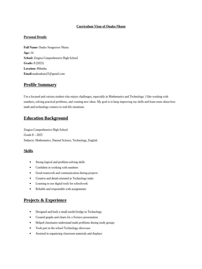 Curriculum Vitae of Onako Nkutu | PDF