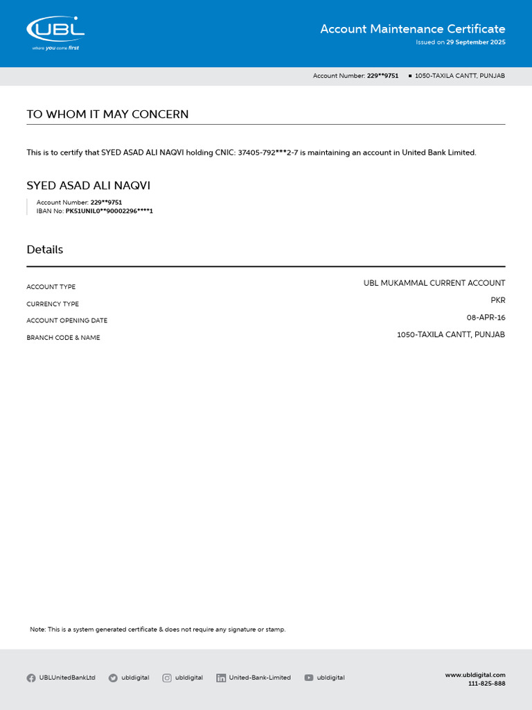 Account Maintenance Certificate - Syed Asad Ali Naqvi | PDF