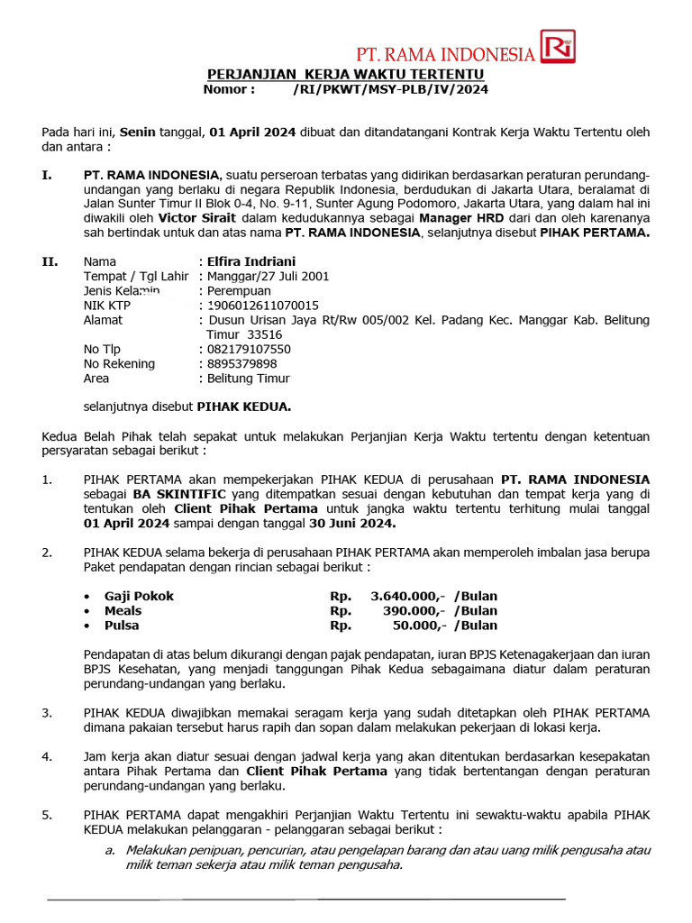 RI PKWT MSY-PLB IV 2025 - Elfira Indriani - Belitung Timur | PDF