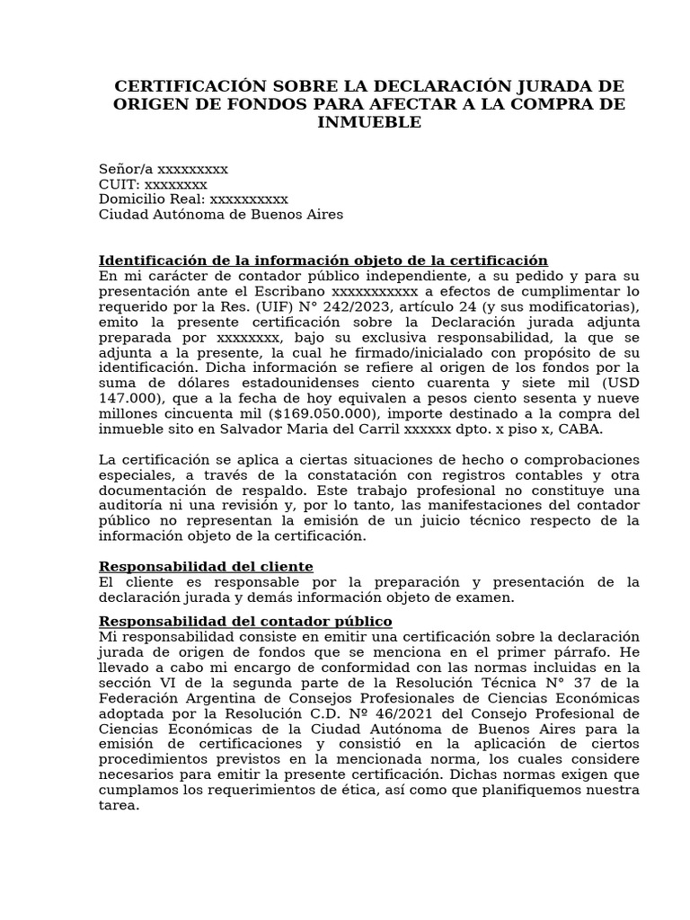 Certificacion Origen de Fondos para La Compra de Inmueble | PDF | Contador