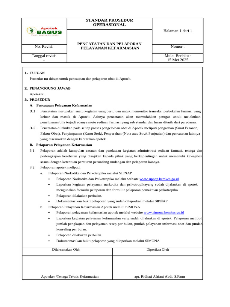 SOP Pencatatan dan Pelaporan Apotek | PDF