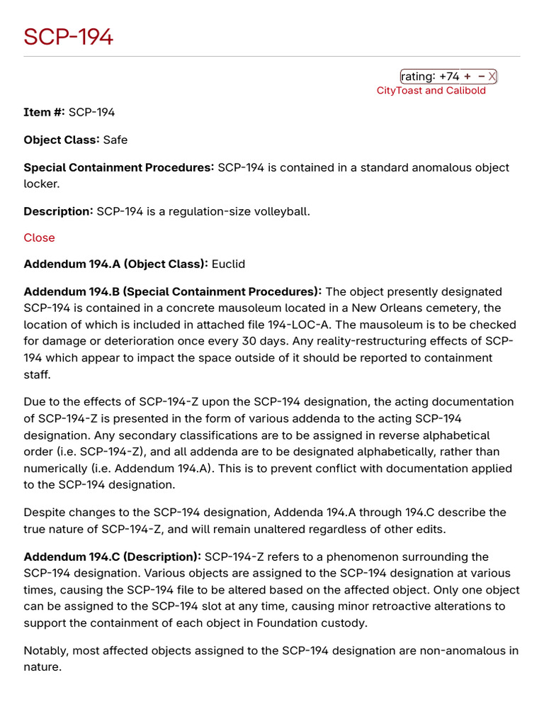 SCP Foundation: SCP-194 Field Operations Log | PDF | Addendum | Written ...