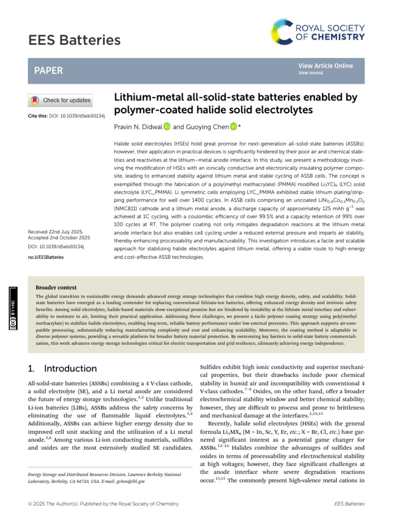 Polymer-Coated Halide Electrolytes for ASSBs | PDF | Lithium Ion ...