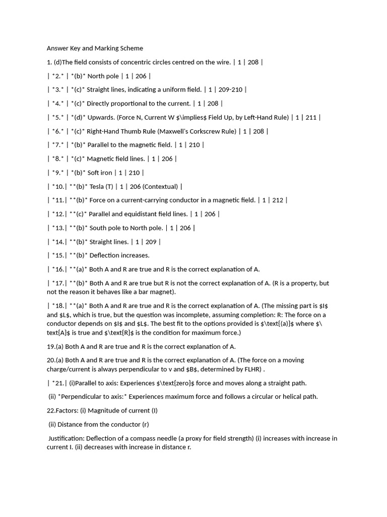 Magnetic Field Answer Key & Marking Guide | PDF | Magnetic Field | Force