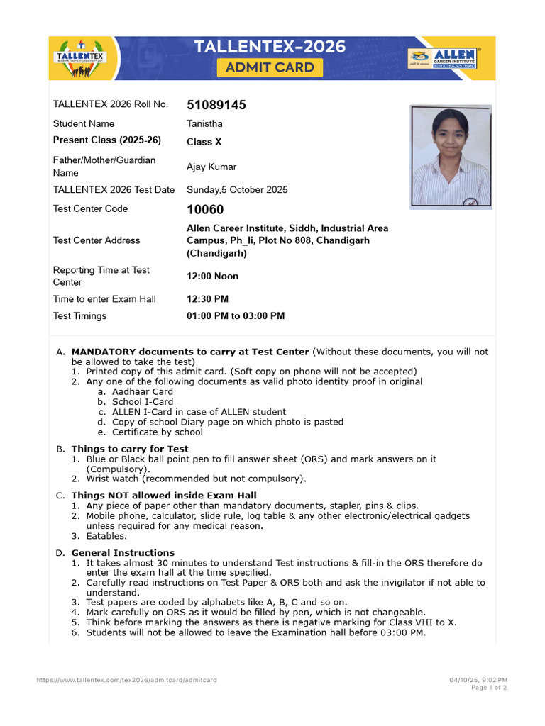 TALLENTEX 2026 Admit Card Details | PDF