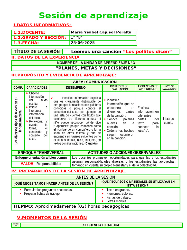 Sesión Leemos La Canciòn Los Pollitos Dicen | PDF | Aprendizaje ...