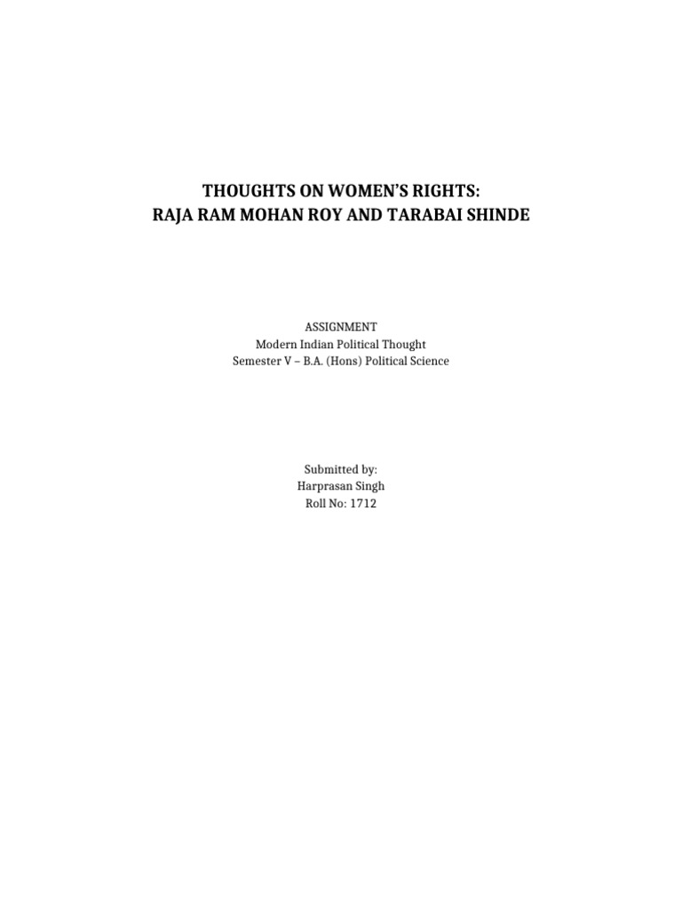 Thoughts On Womens Rights Raja Ram Mohan Roy and Tarabai Shinde ...