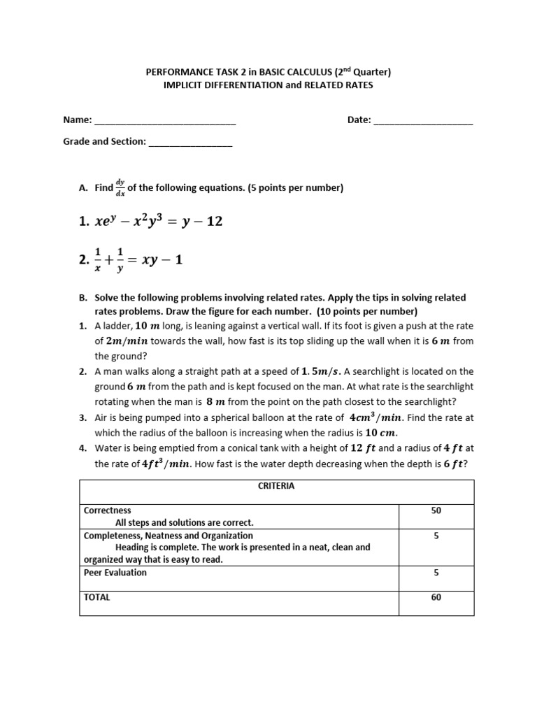 Implicit Differentiation & Related Rates Tasks | PDF
