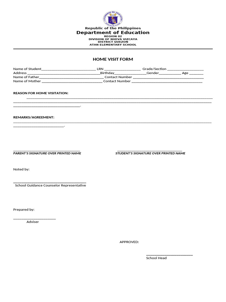 Atan Elementary Home Visit Form | PDF