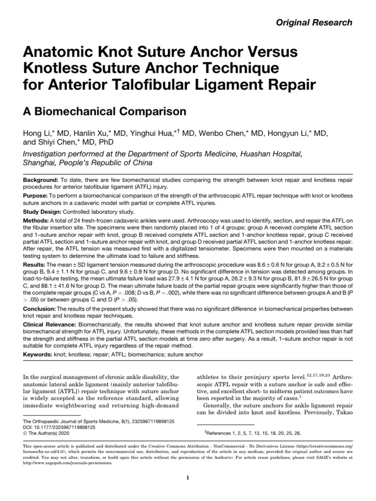 Knot vs. Knotless ATFL Repair Study | PDF | Ankle | Limbs (Anatomy)