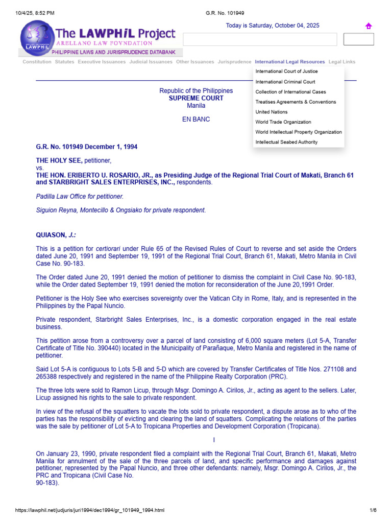 Holy See vs. Starbright Sales Case Summary | PDF | Holy See | Vatican City