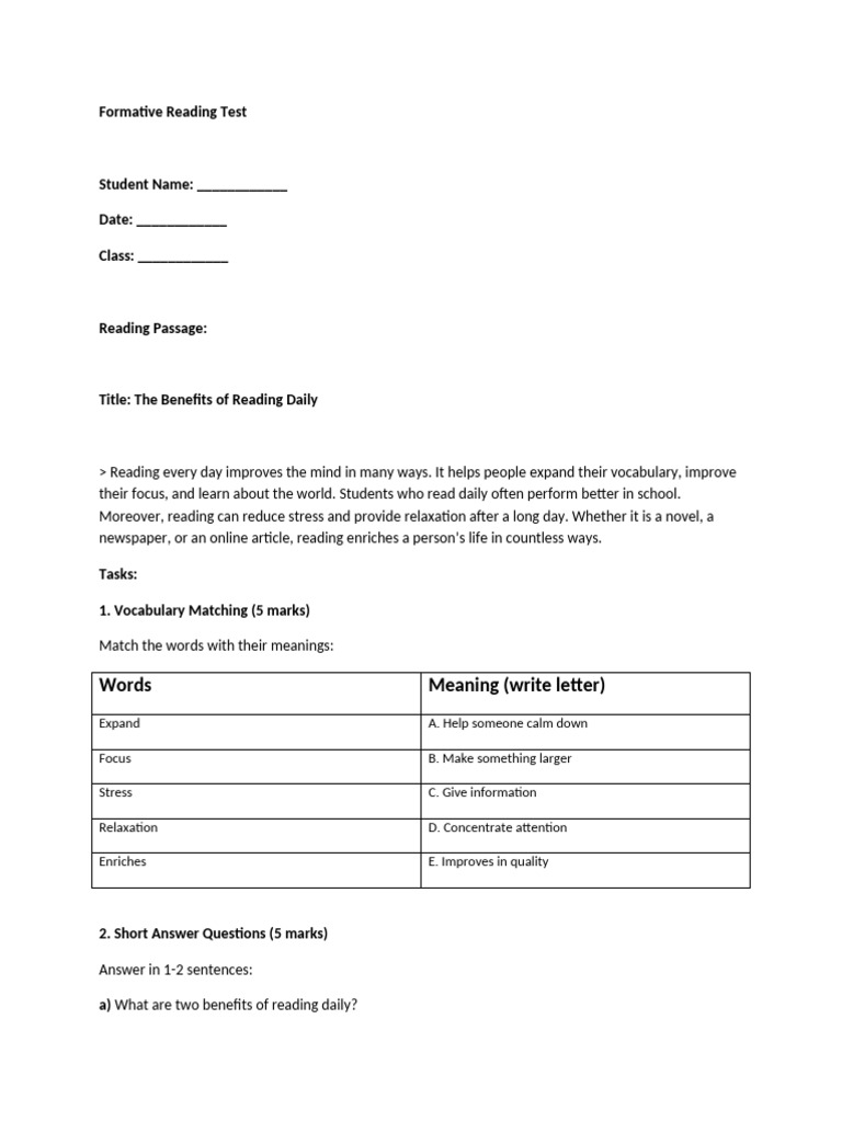 Formative Reading Test Design Pdf