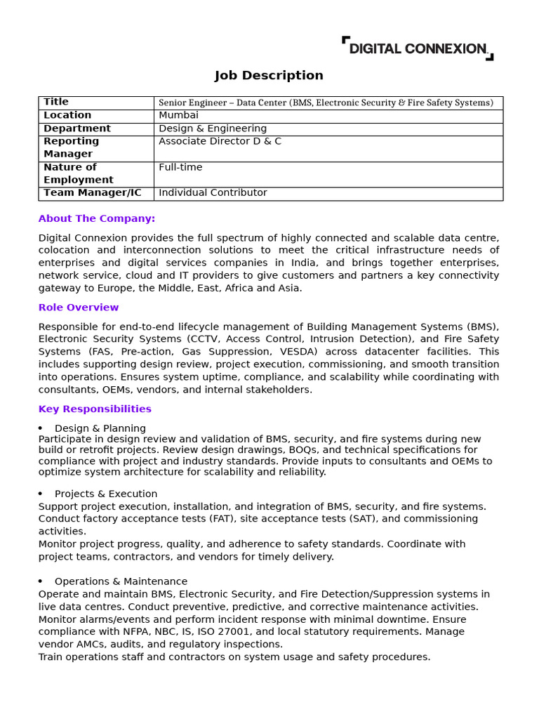 Job Description - Sr. Engineer | PDF | Data Center | Business