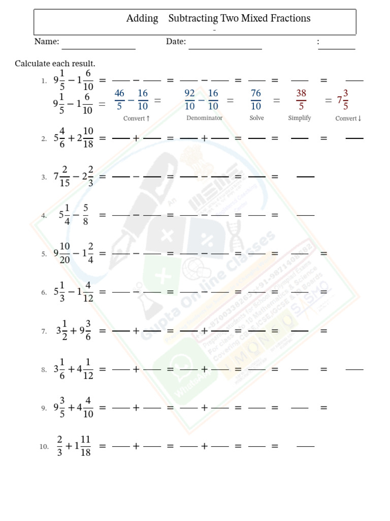 Adding & Subtracting Mixed Fractions Worksheet | PDF | Subtraction ...